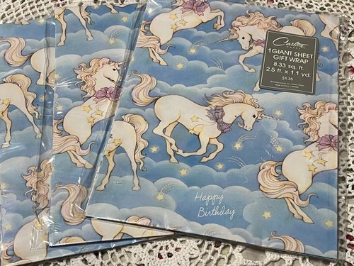Vtg. Carlton Gift Wrap Paper Birthday Unicorns in the Clouds 3 pkgs NEW ...