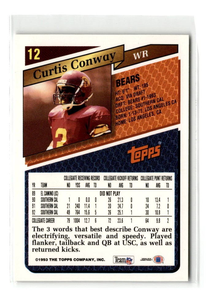 1993 Topps - #12 - Curtis Conway RC - Chicago Bears | eBay