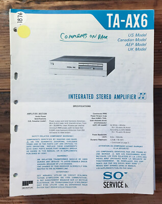 Sony TA-AX6 Amplifier Service Manual *Original* | eBay