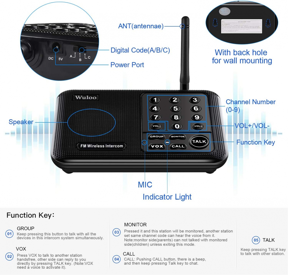 Wuloo Intercoms Wireless for Home 1 Mile (5280 Feet) Range 10 - Channel ...