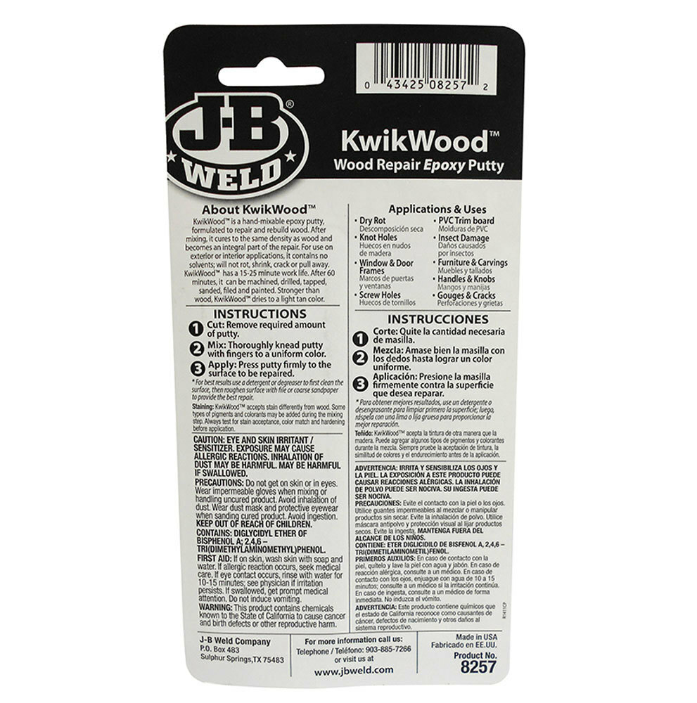 JB Weld KwikWood Wood Repair Epoxy Putty Stick J-B Weld Kwik Wood #8257 ...