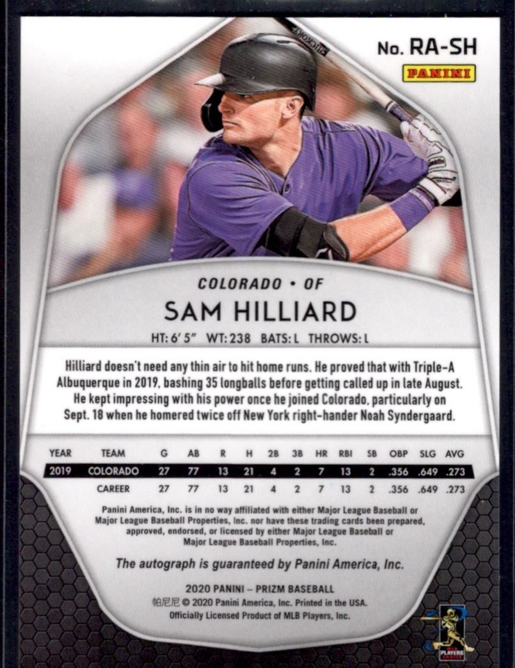 2020 Panini Prizm Rookie Autographs Sam Hilliard Rookie Auto Colorado ...