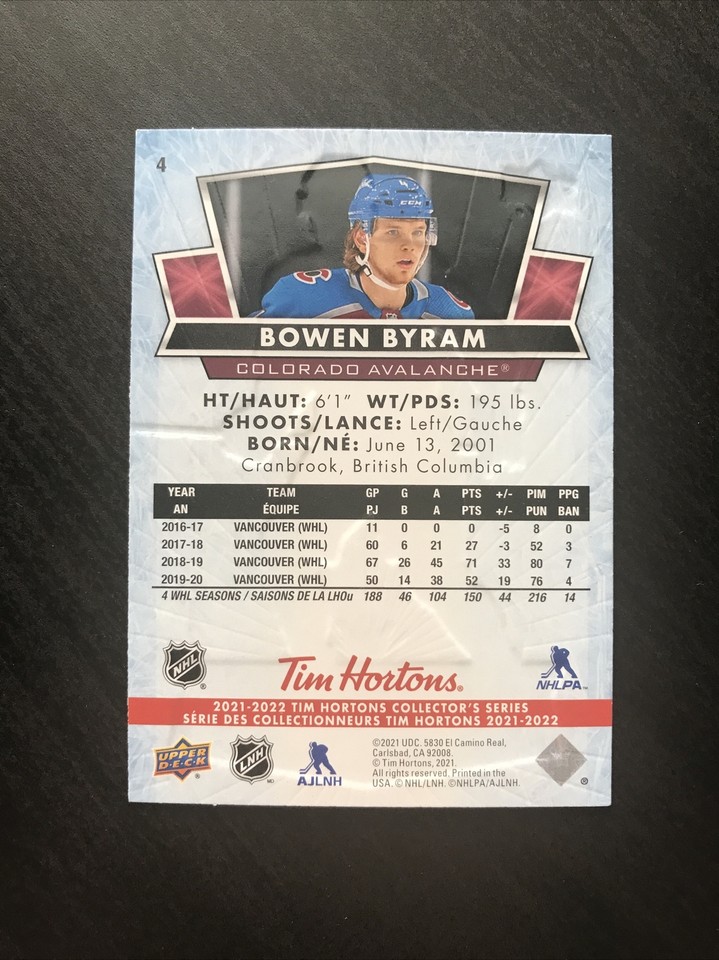 2021-22 Upper Deck Tim Hortons #4 Bowen Byram Colorado Avalanche | eBay