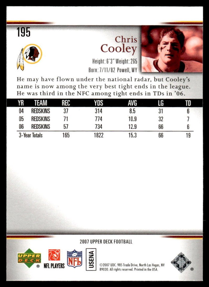 Chris Cooley 2007 Upper Deck Card #195 | eBay
