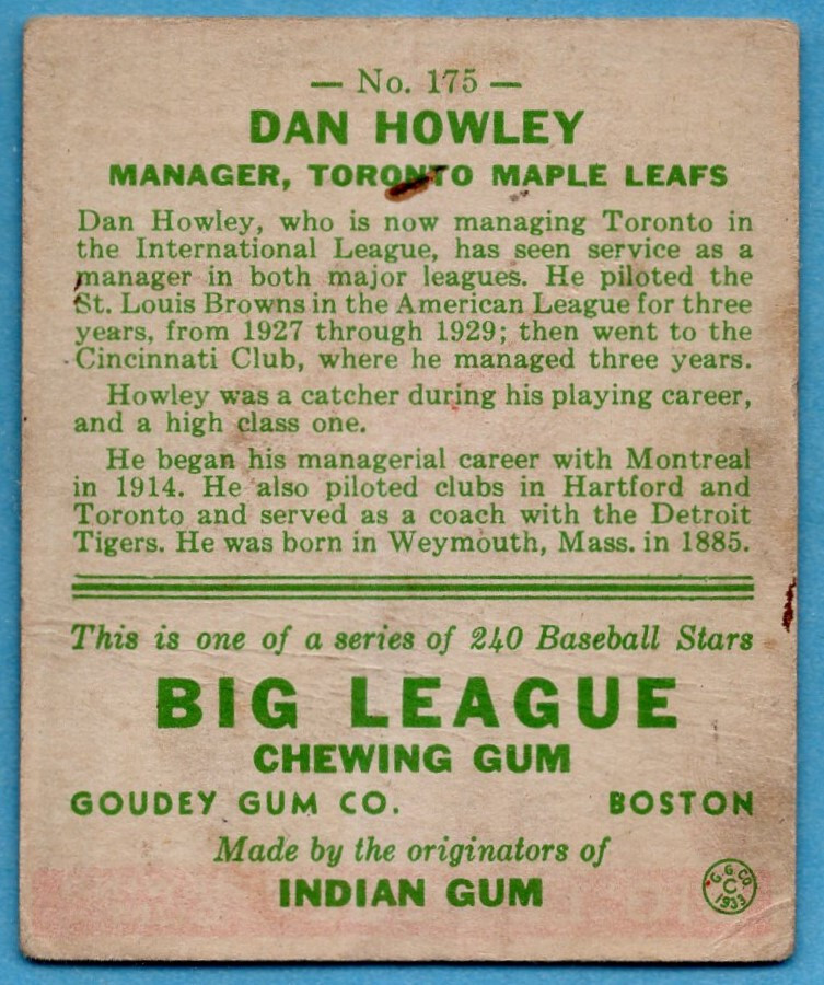 1933 Goudey #175 Dan Howley MG RC VG WRINKLE MARKED Toronto Maple Leafs ...