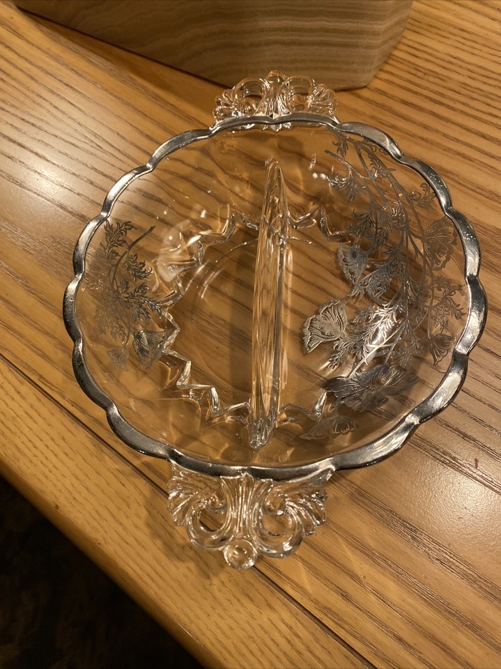 Viking Glass 2-part divided relish dish with Silver City Glass silver ...