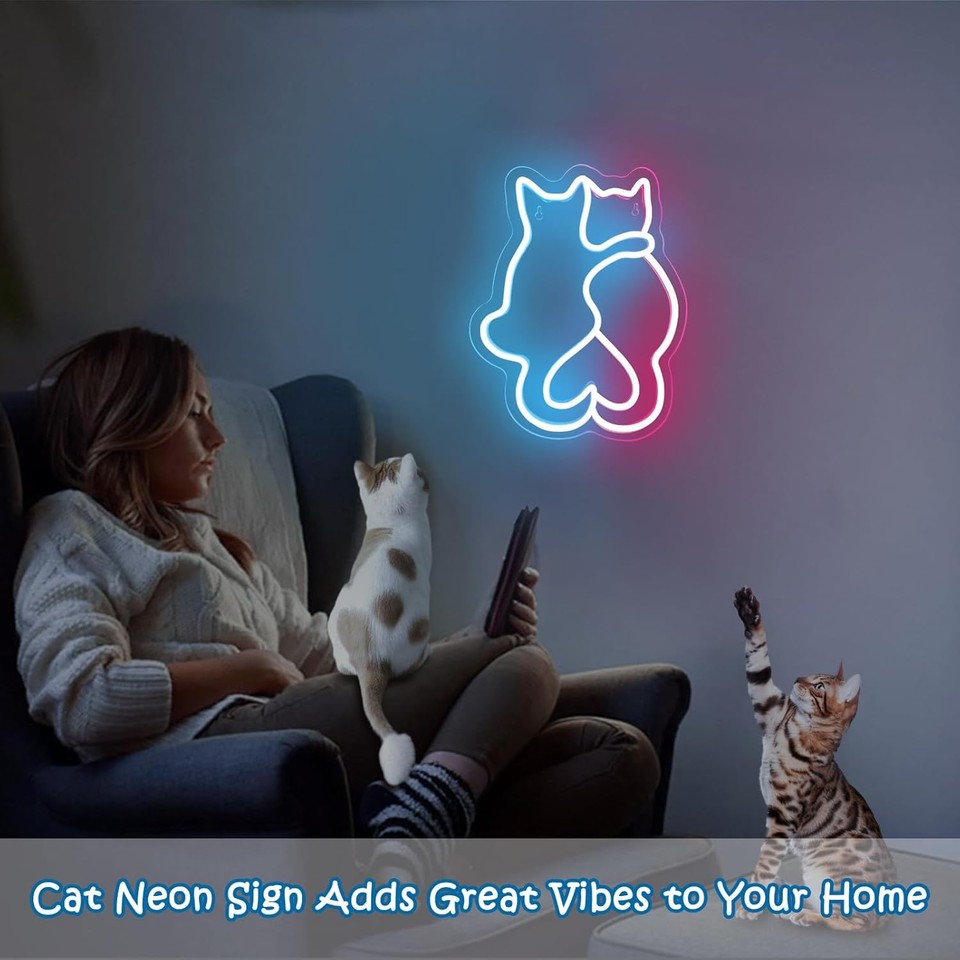 Two Cat Neon Signs, LED Sign for Wall Decor, Cute Blue+Pink | eBay