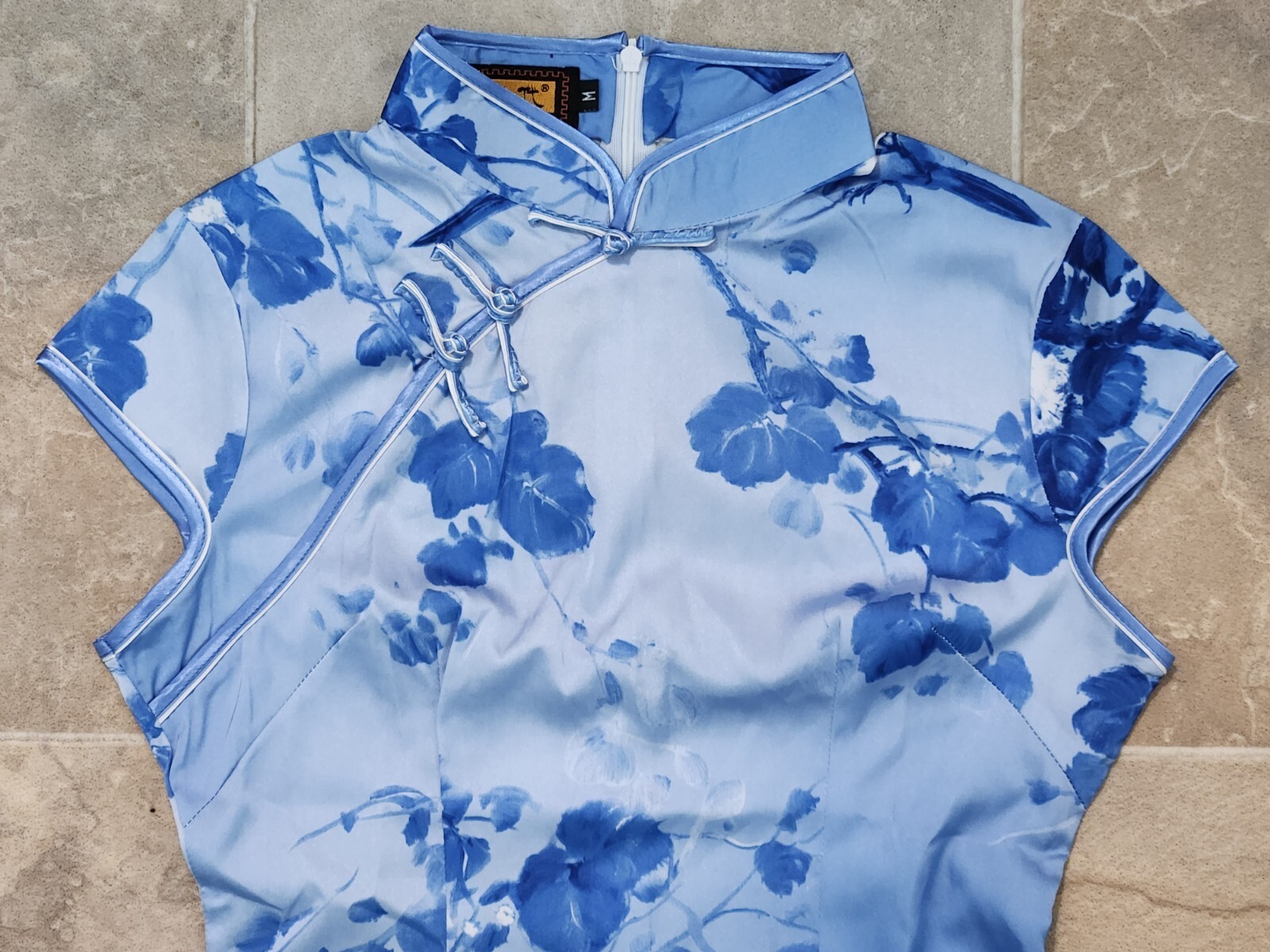 Asian Cheongsam Dress Blue Floral Size Medium - Gem