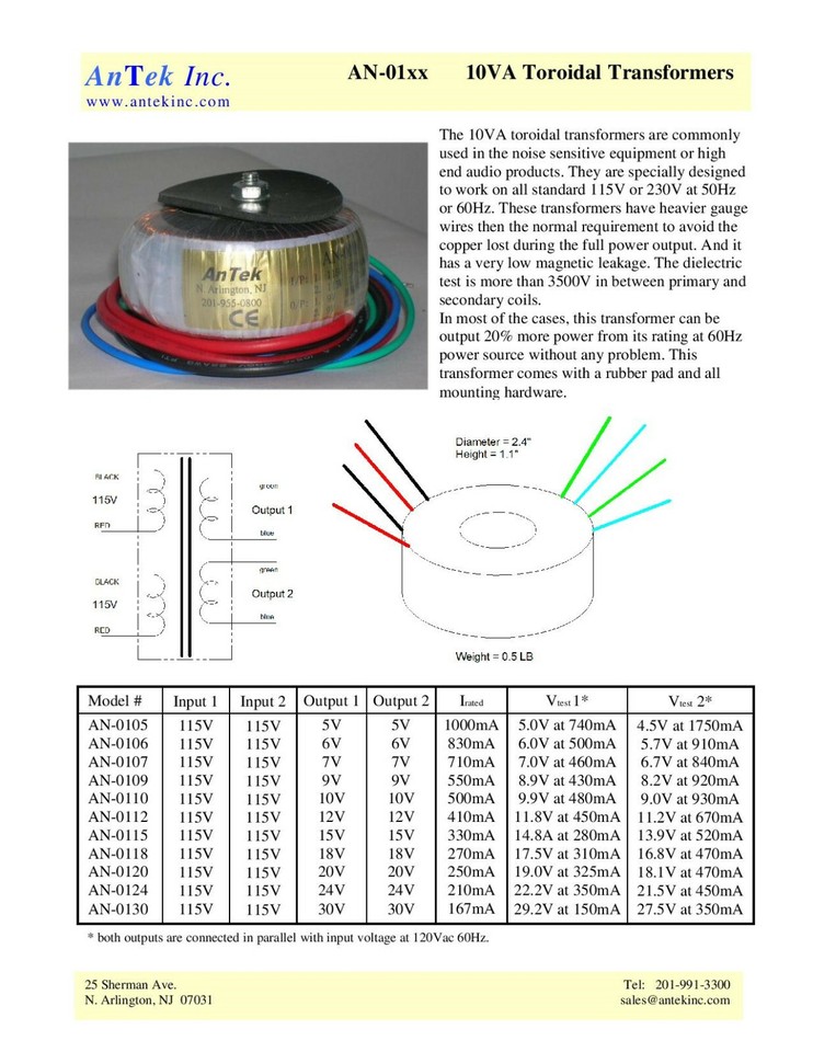 10VA 18V + 18V 36VCT Small Toroidal Power Transformer Antek AN-0118 | eBay