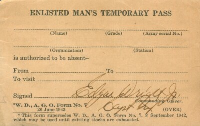 1943 WWII Military Original Enlisted Man's Temporary Pass E Wright ...