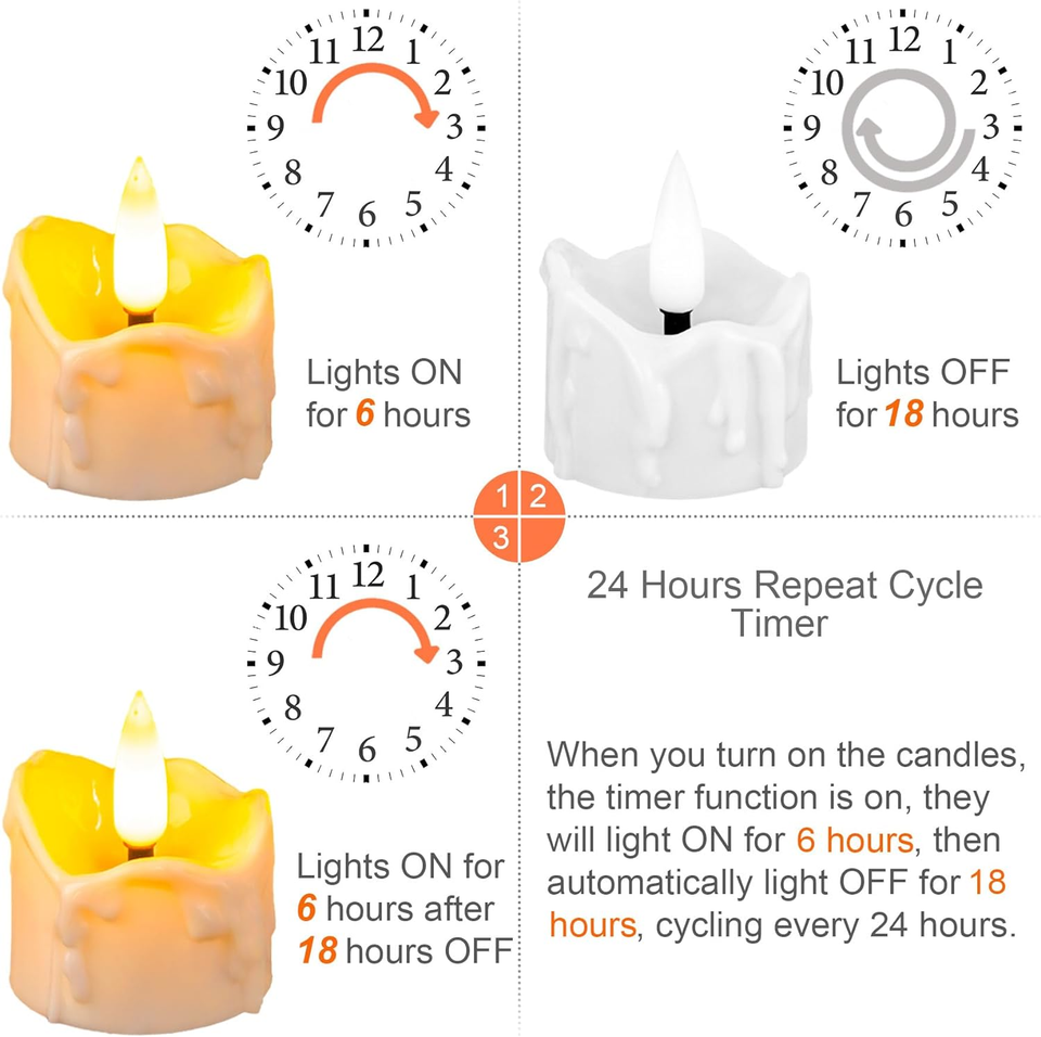 12 Pack Timer Tea Light Battery Operated Flameless Flickering LED Timer ...