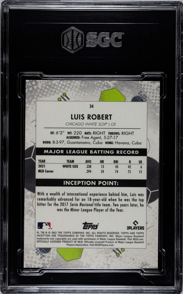 2022 Topps Inception LUIS ROBERT True 1/1 ONE of ONE SGC 9.5 Chicago ...