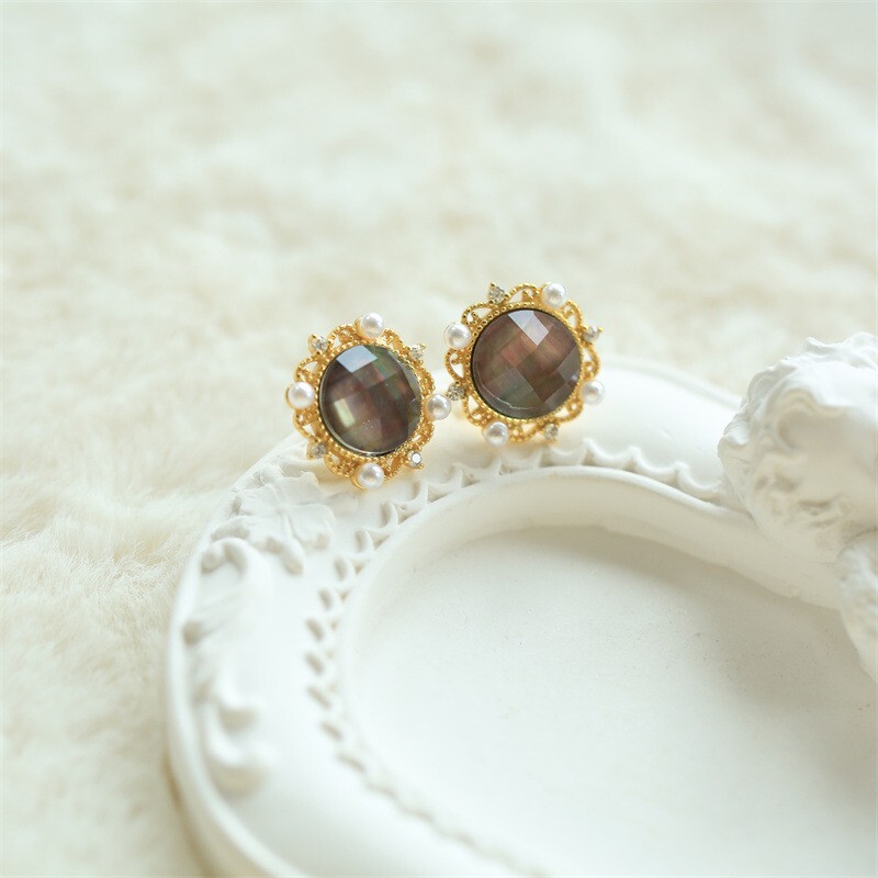 F18 Earring Abalone Shell Faceted Pearls Studs Silver 925 Gold Plated ...