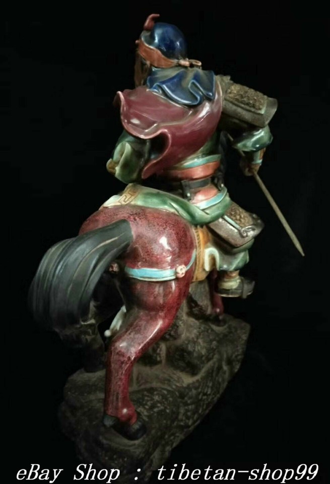 20" Old China Wucai Porcelain Warrior God Guangong Guan Gong Yu horse ...