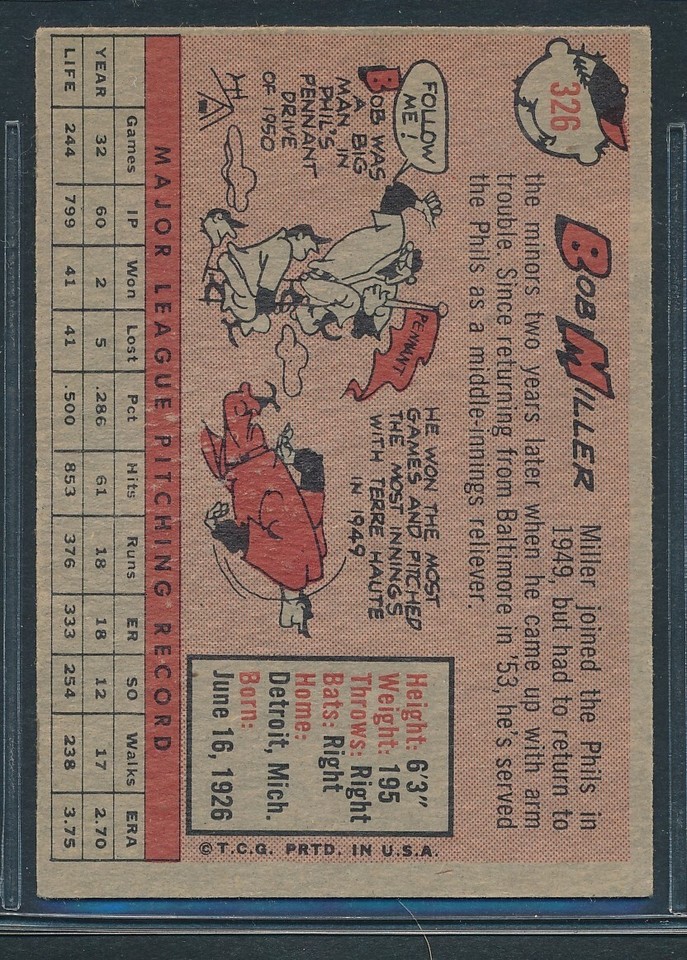 1958 Topps #326: BOB MILLER Philadelphia Phillies ~ EX | eBay