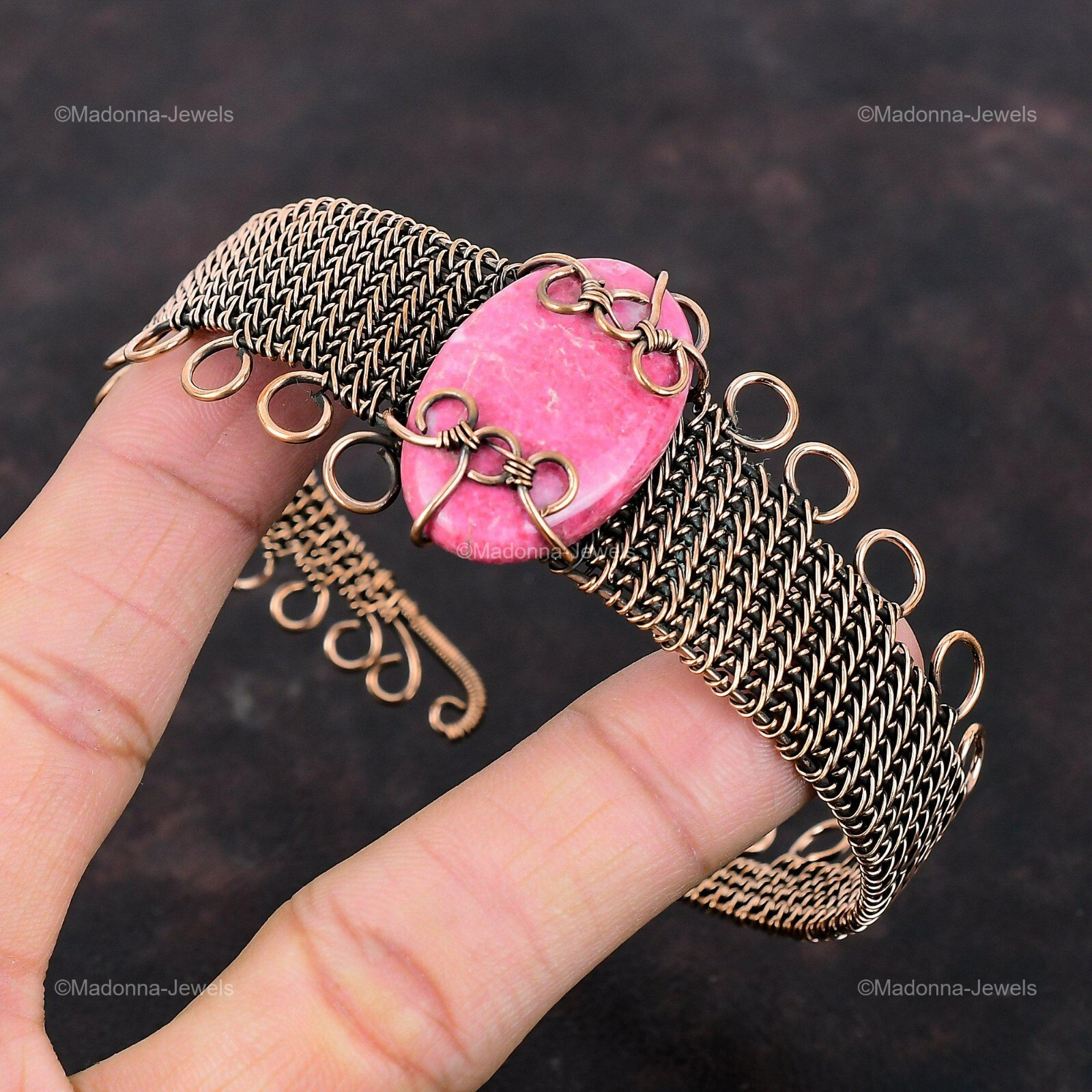 Thulite Gemstone Jewelry Copper Love Gift Wire Wrapped Cuff Adjustable ...