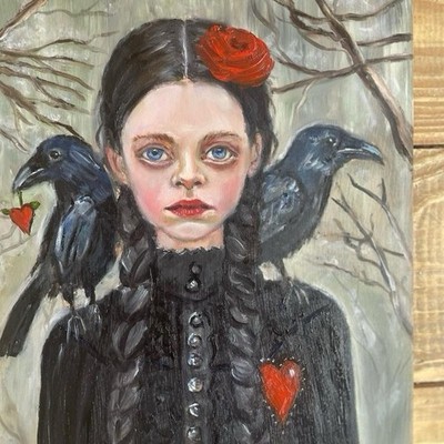 Original folk art primitive oil painting on wood Gothic Wednesday crows ...