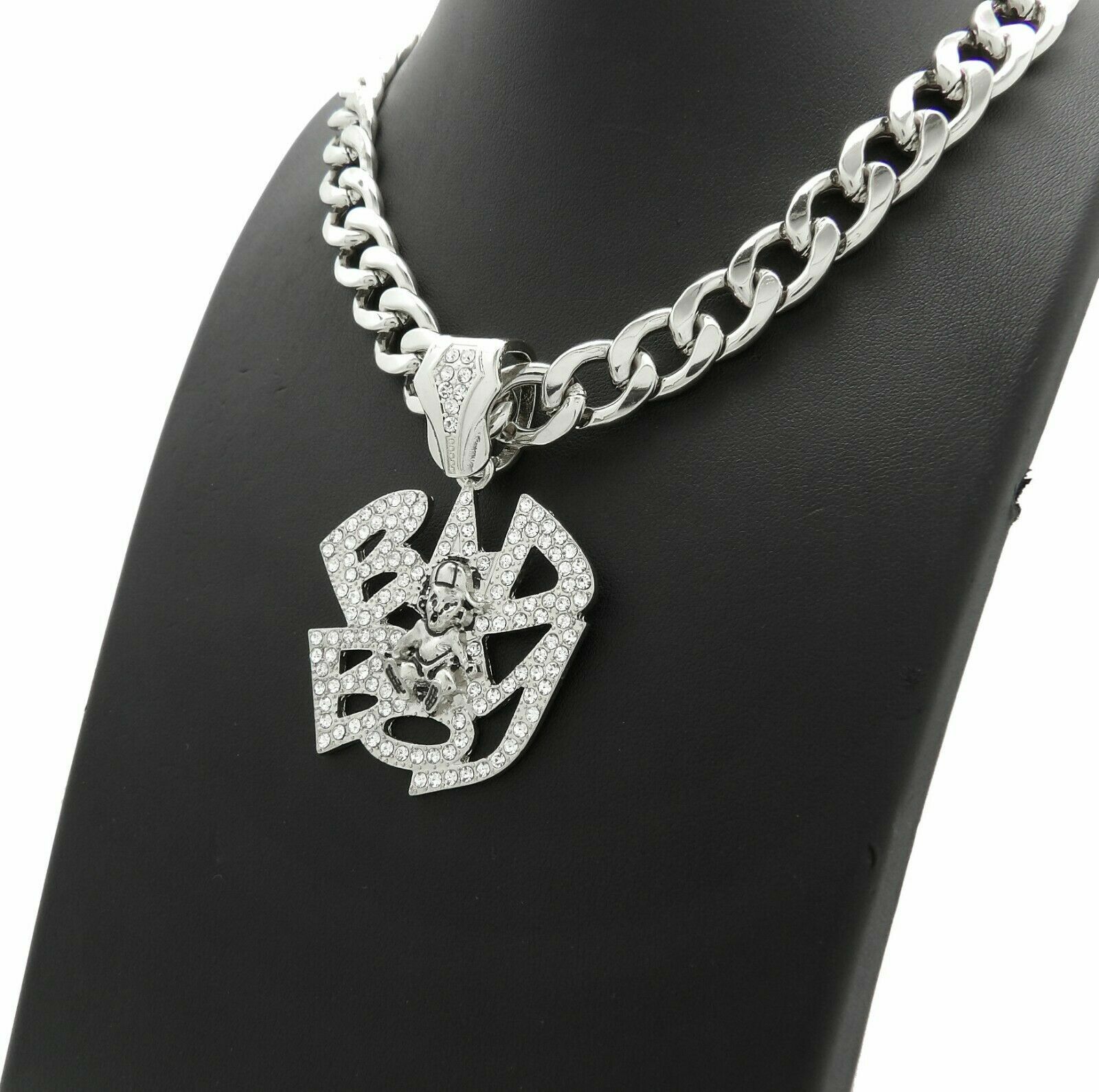 Iced Hip Hop Silver PT BADBOY Pendant & 11mm 20" Cuban Choker Chain ...