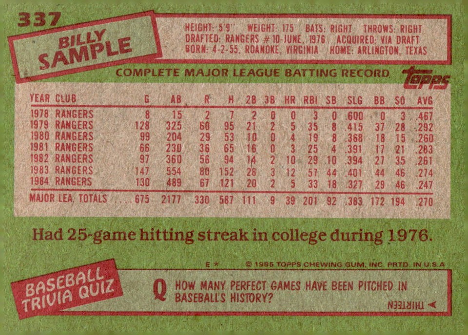 1985 Topps #337 Billy Sample - Texas Rangers | eBay