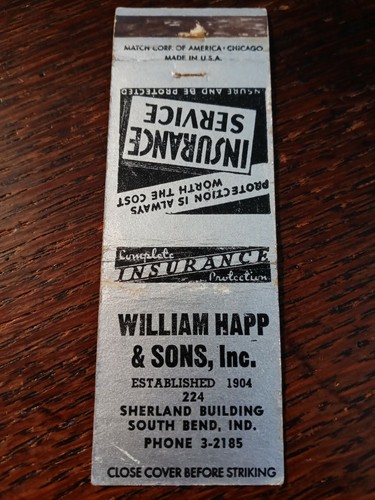 Vintage Matchcover: William Happ & Sons Insurance, South Bend, IN | eBay
