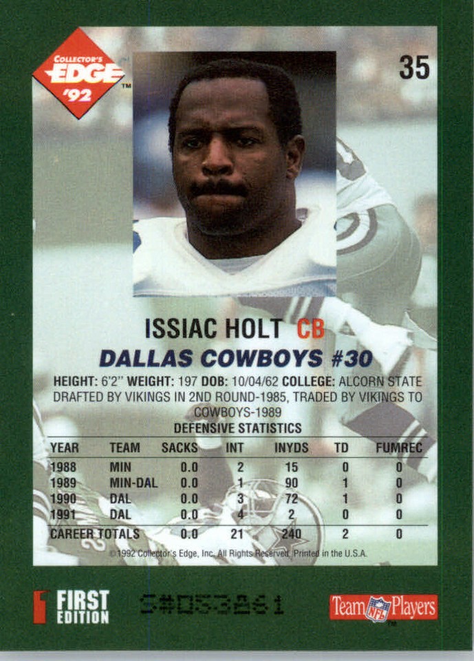 1992 Collector's Edge #35 Issiac Holt - Dallas Cowboys | eBay