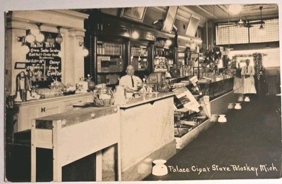 PETOSKEY Michigan, Palace CIGAR Store, Beer, Soda, Spitoons, 1911 RPPC ...