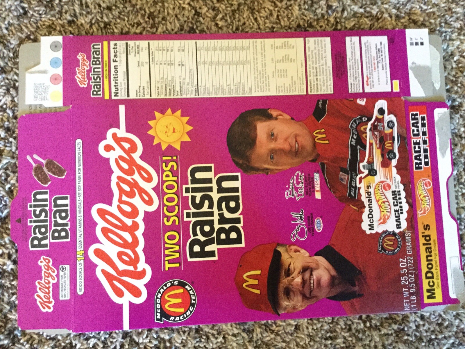 Kellogg's Bill Elliott Joe Gibbs McDonalds Cereal Box NASCAR NHRA ...