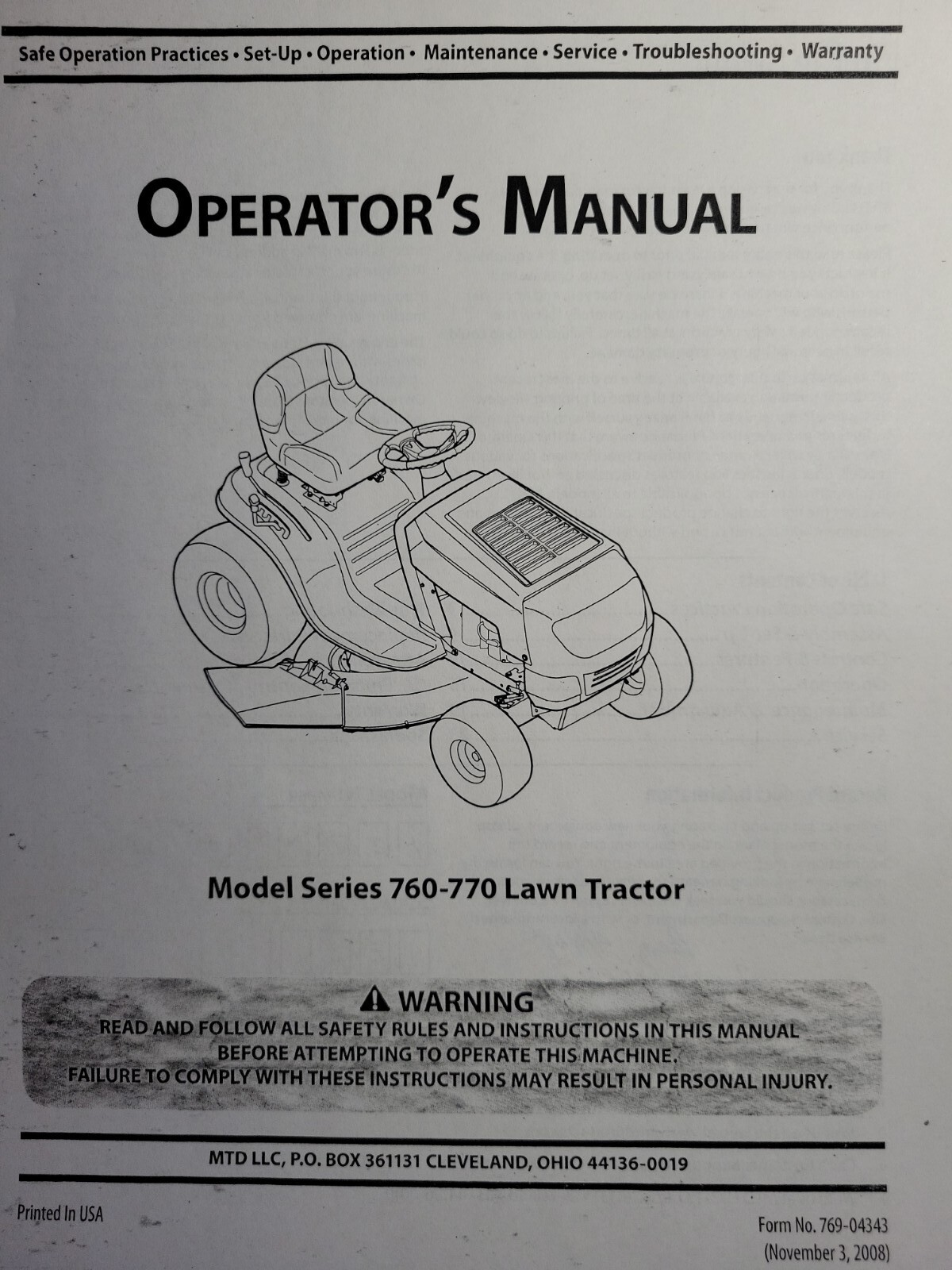 MTD Riding Lawn Tractor 760 thru 770 series Owners Manual 2008 | eBay