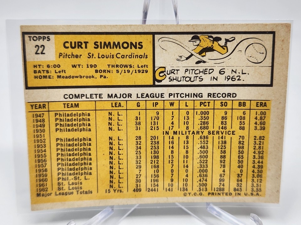 1963 Topps Baseball #22 Curt Simmons VG sc | eBay
