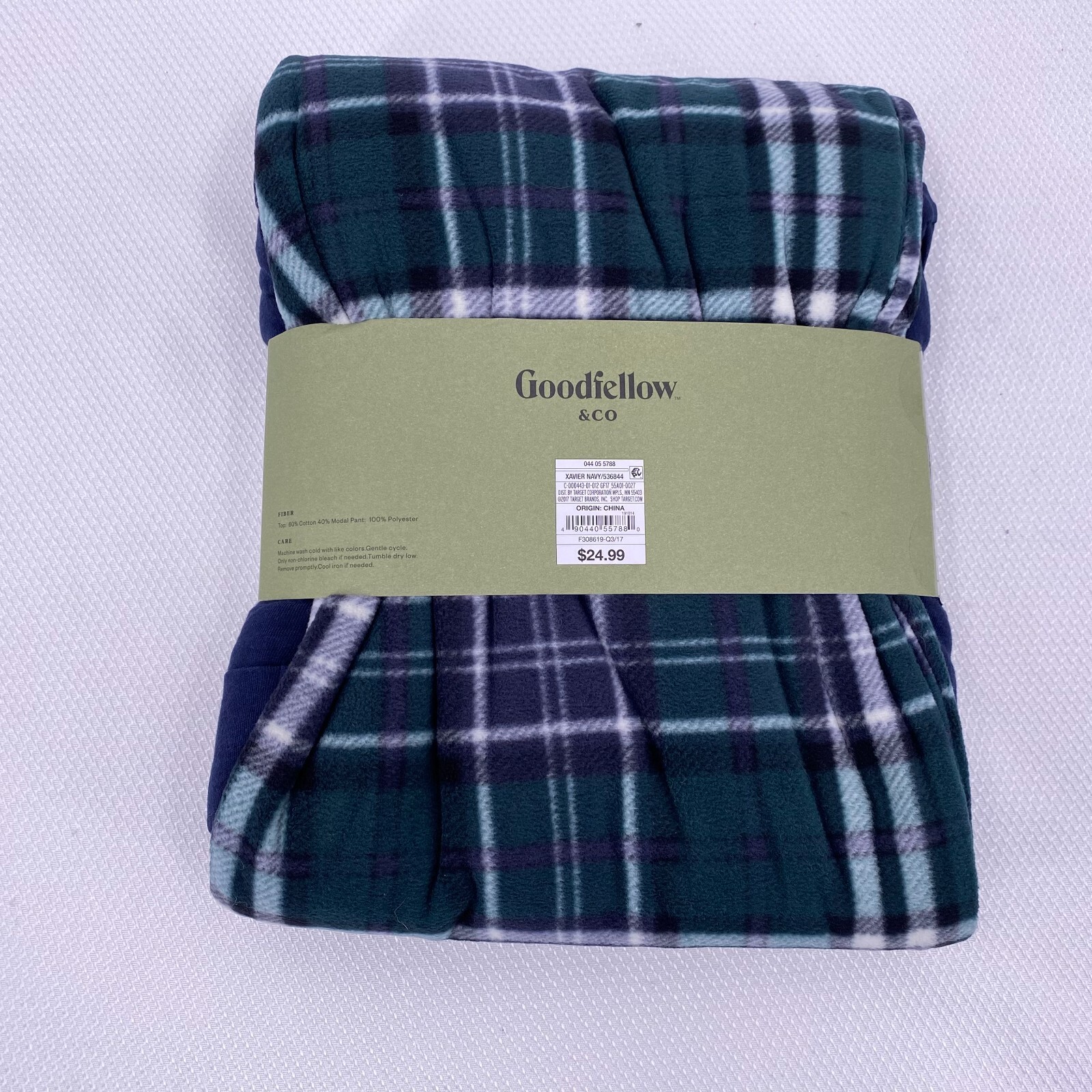 Goodfellow Mens 2 Piece Pajama Set Large Navy Green Plaid Pants Crew ...