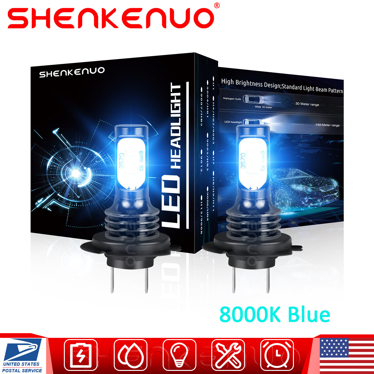 2 Sides 2Pcs H7 8000K Ice Blue LED Headlight Bulbs Upgrand Kits Super ...