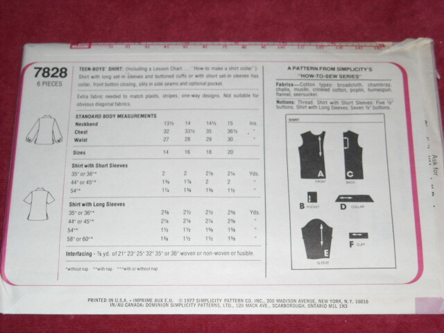 💐1977 UNCIRCULATED SIMPLICITY #7828-TEEN BOYS BRADY BUNCH SHIRT PATTERN ...