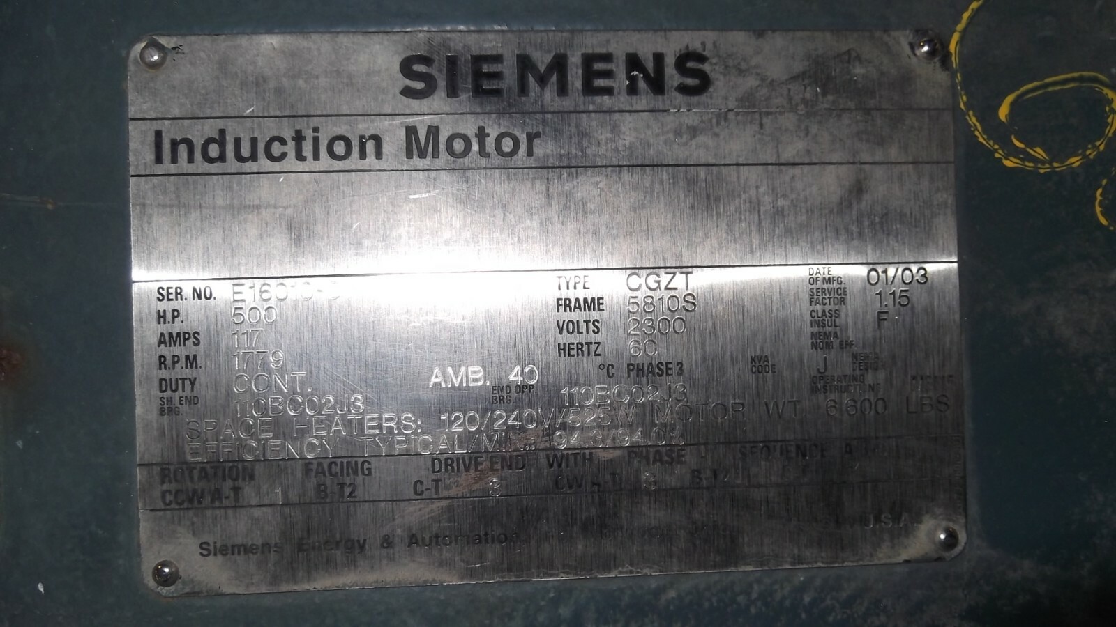 500 HP Siemens AC Electric Motor 1800 RPM Fr 5810S TEFCBB 2300 V EOK | eBay