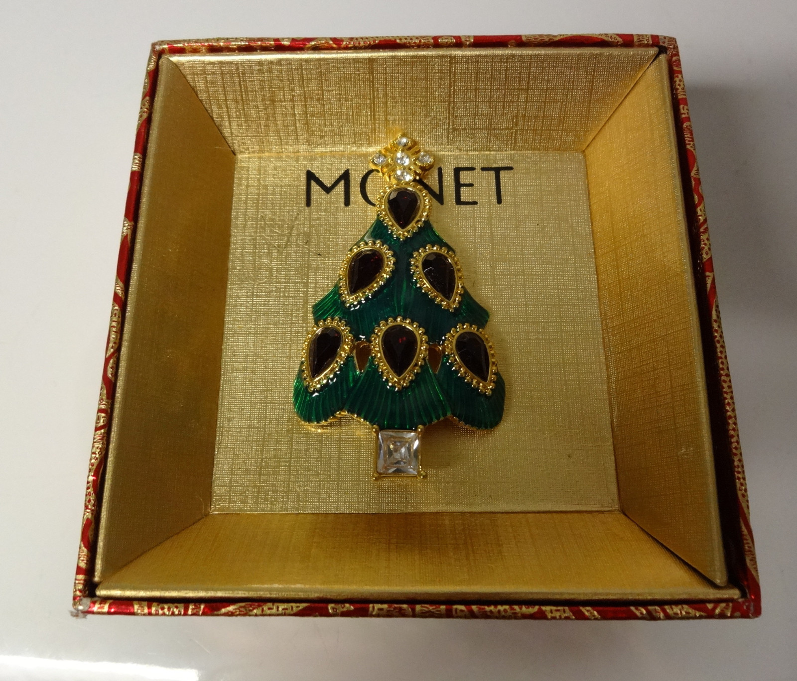 Vintage Signed MONET Christmas Tree Enamel Color Rhinestone Pin Brooch ...