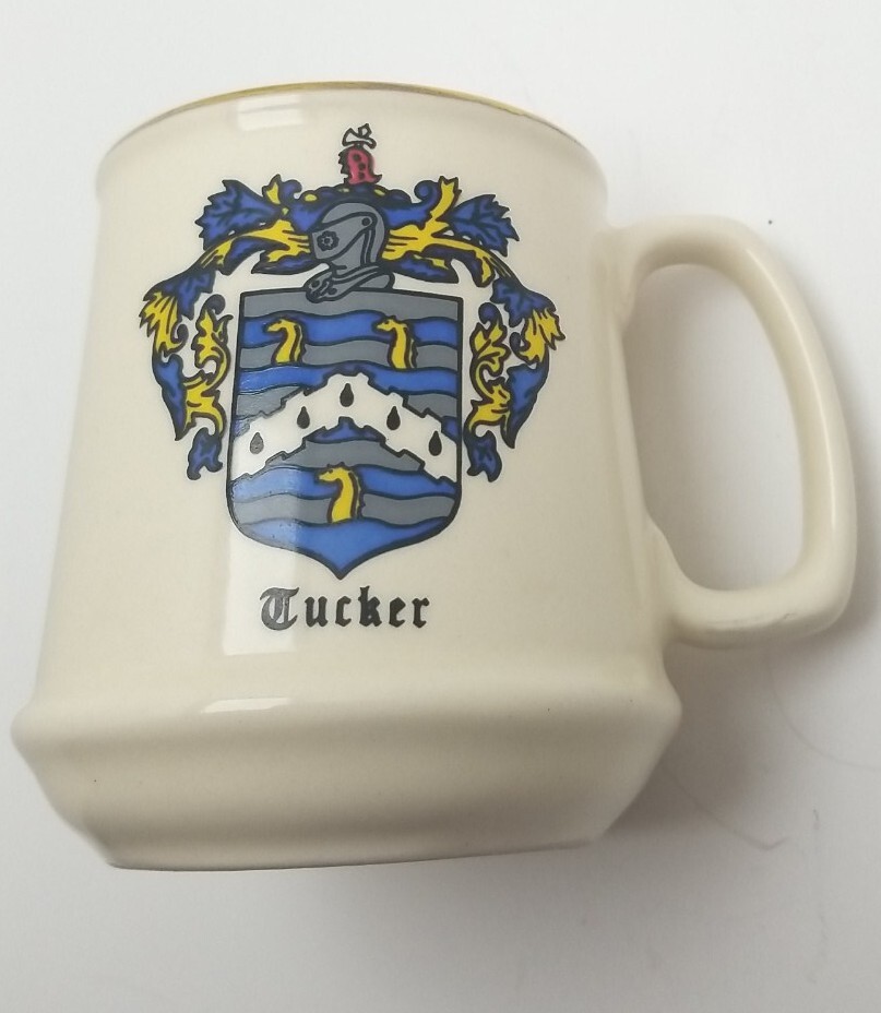 TUCKER Family Crest coffee mug gold trim. Vintage 8 ounce | eBay