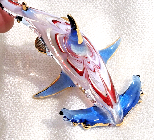 Blue Maroon HAMMERHEAD shark figurine handmade blown glass gold trim 4. ...