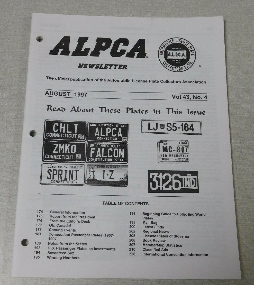 ALPCA license plate newsletter August 1997 Connecticcut plates | eBay