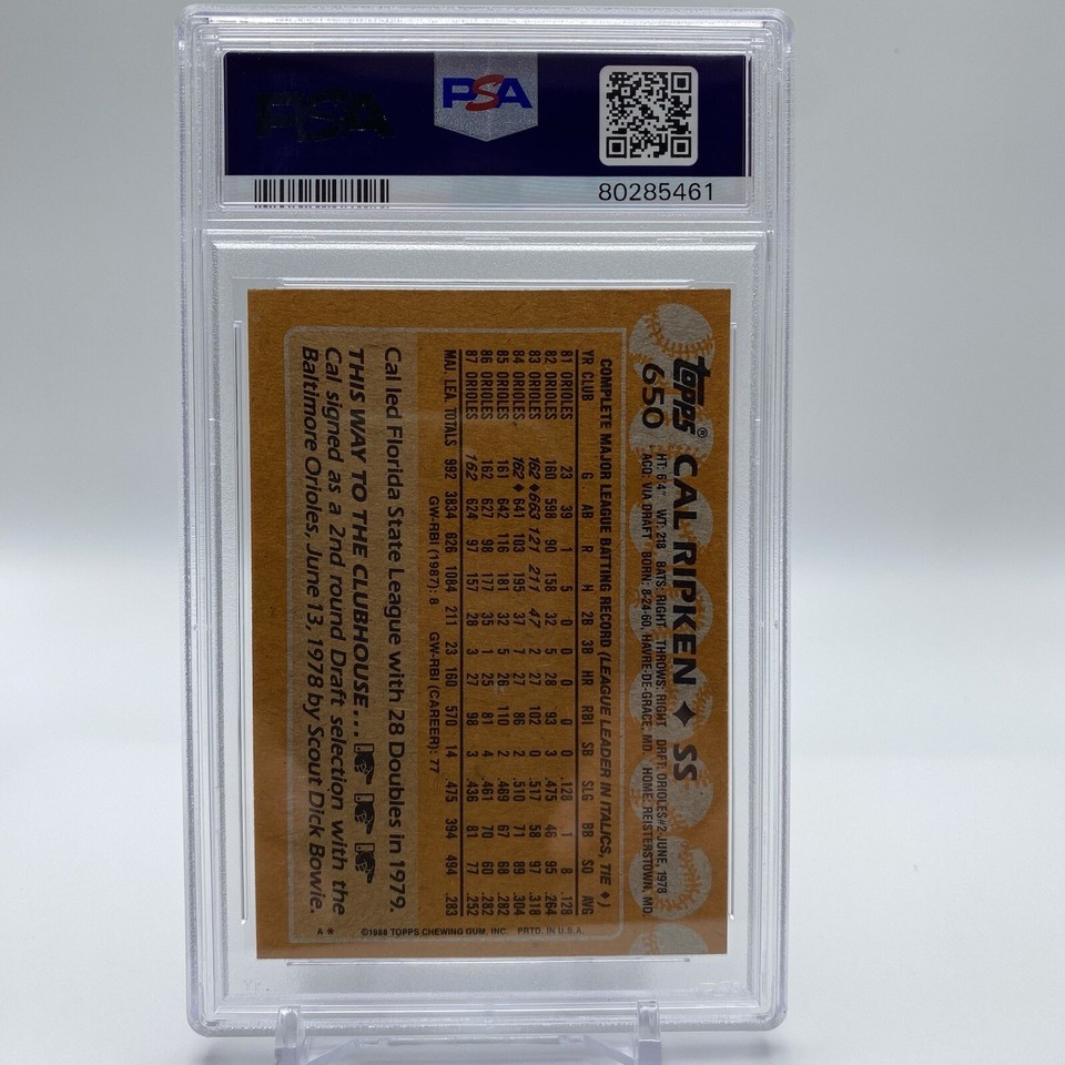 CAL RIPKEN JR. 1988 TOPPS PSA 9 MINT MLB BASEBALL CARD #650 (NEW SLAB ...