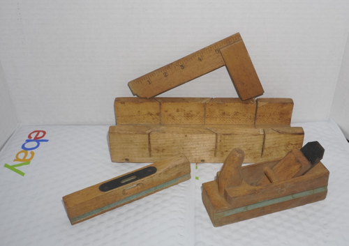 Antique Handcrafted Wood Plane with Horn Spirit Level Rule Set Rare ...