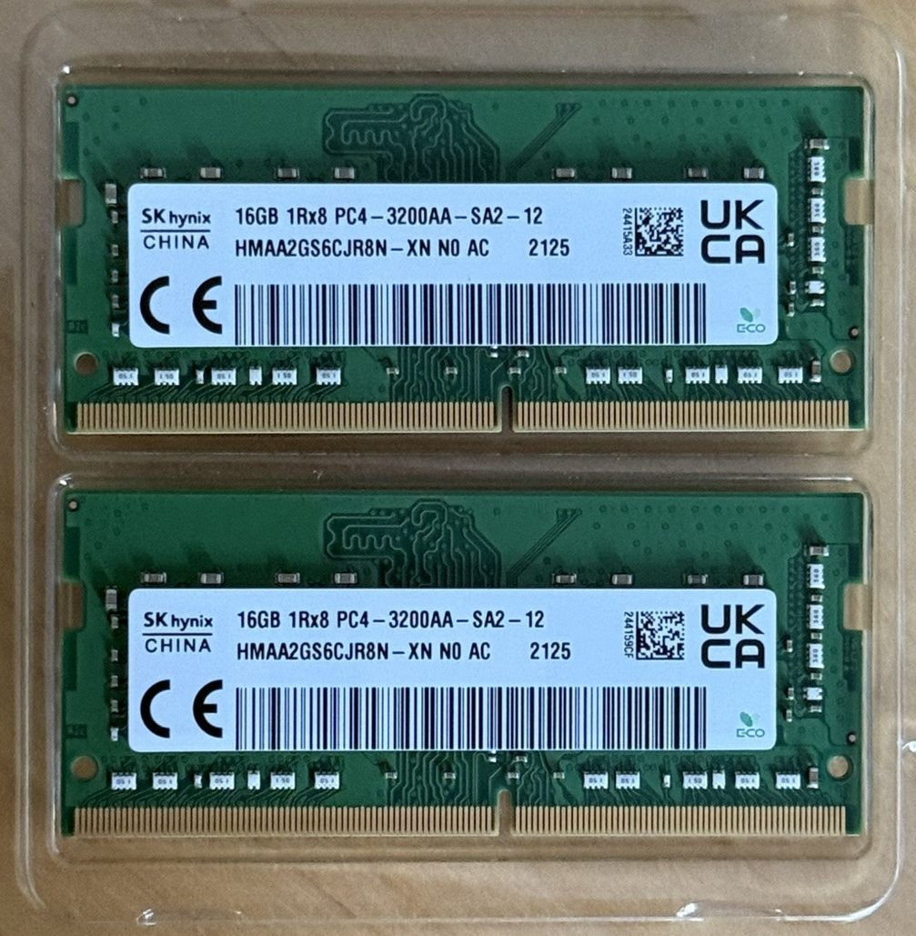Pair of Hynix HMAA2GS6CJR8N-XN 16GB SODIMM 260-Pin Memory Modules. 32Gb ...