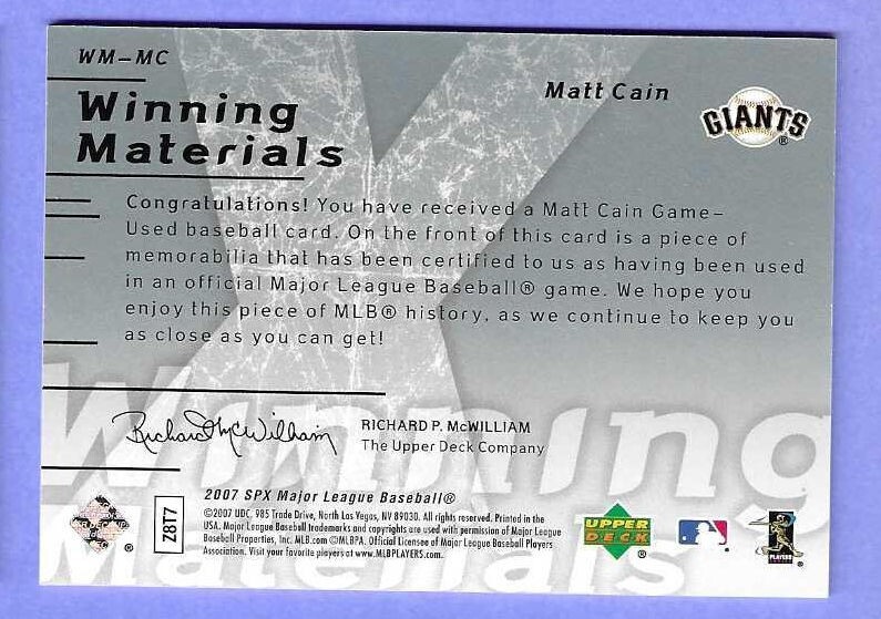 2007 Upper Deck SPX "Winning Mat" Matt Cain #071/175 Card #WM-MC | eBay