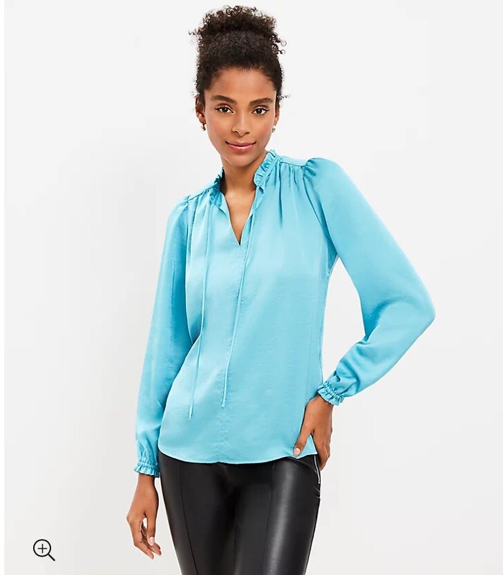 LOFT NWT Ruffle Tie Neck Mixed Media Blouse - Blue Dusk - Size X Large ...