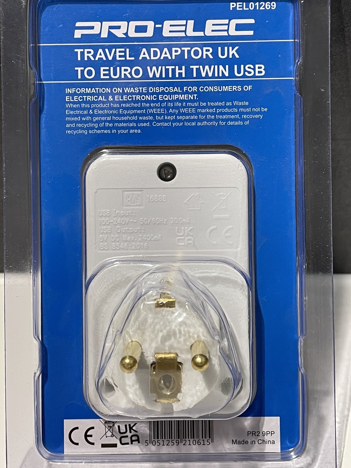 PRO-ELEC TRAVEL ADAPTOR UK 3 PIN TO EURO 2 ROUND PIN WITH TWIN USB ...