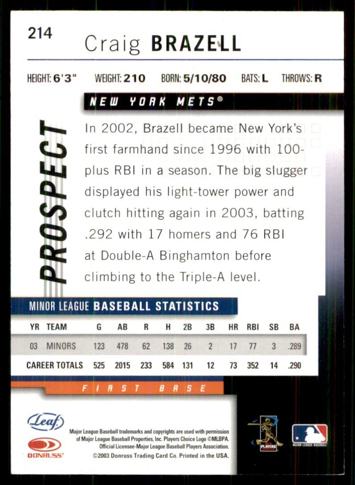 2004 Leaf Second Edition Craig Brazell IP Signed Auto New York Mets ...