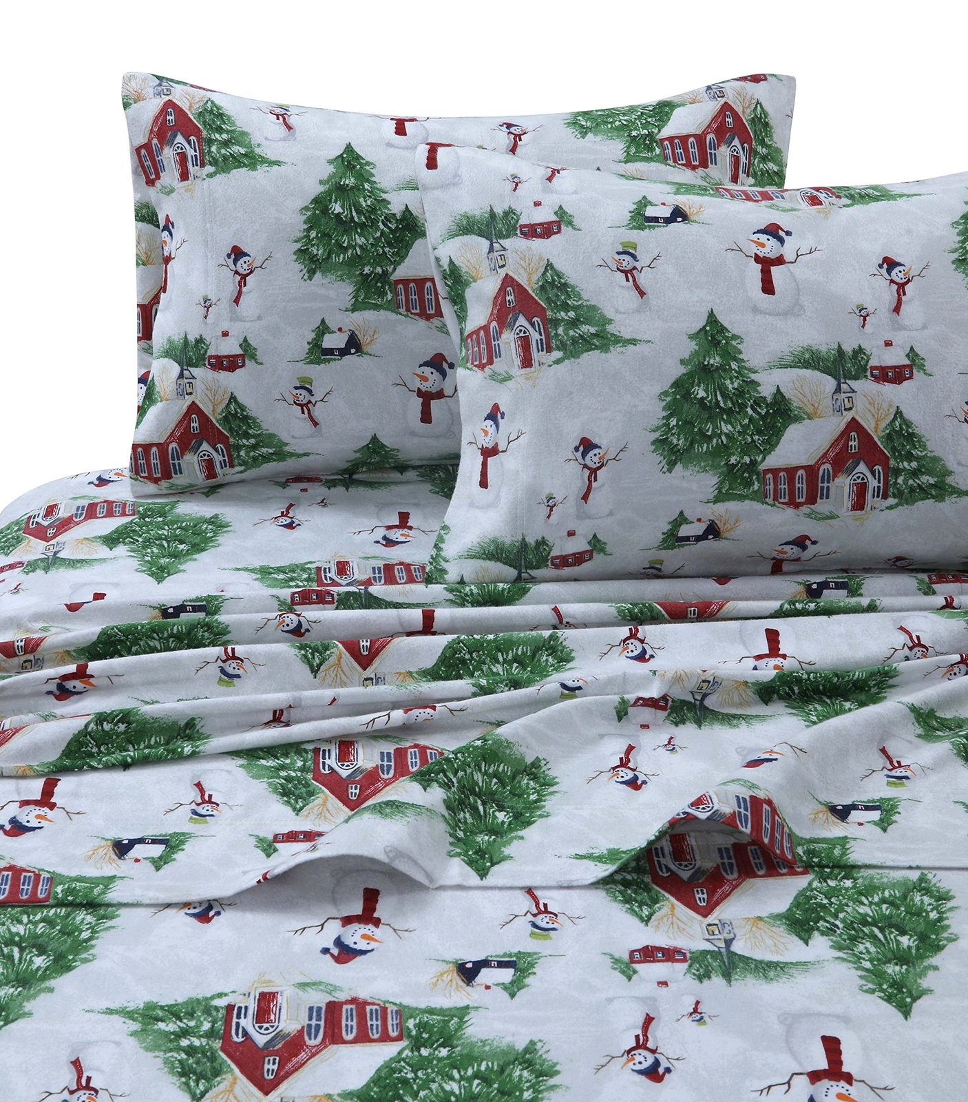 SNMANSHEETQURG Snowman Red/Green Printed Flannel Deep Pocket Sheet Set ...