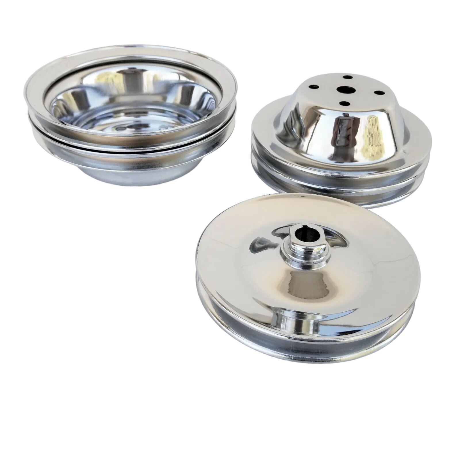 Small Block Chevy Chrome 3 Pulley Set SBC 2 groove LONG pump 283 305 ...