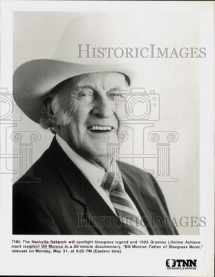 1993 Press Photo Bill Monroe spotlighted on TNN's Bill Monroe special ...