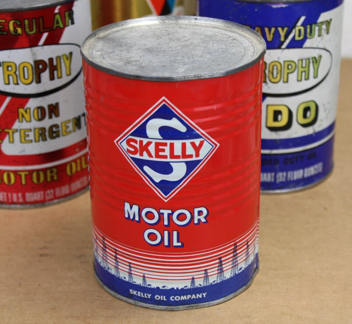 FULL 1950's era SKELLY MOTOR OIL Old Ribbed Metal 1 qt. Can ~NEAR MINT ...