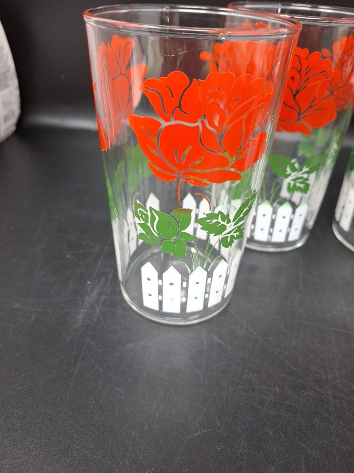 4 Vintage Red Rose White Picket Fence Drinking Glasses Hazel Atlas | eBay