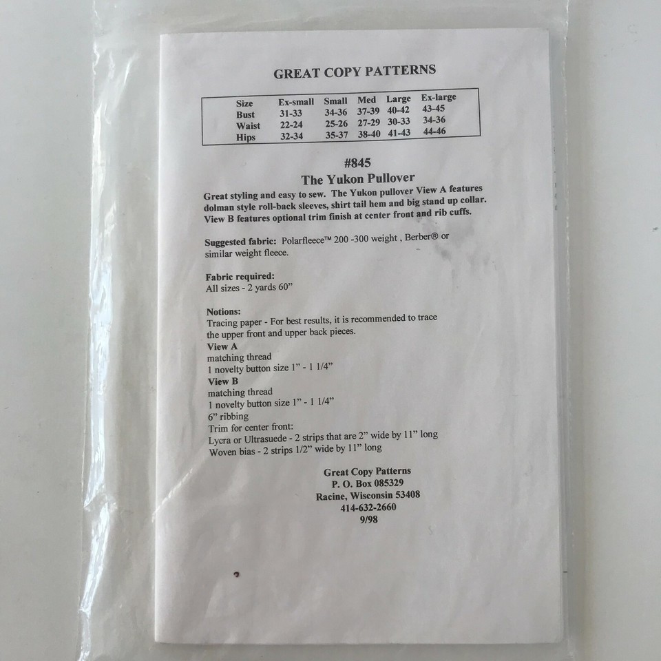 Great Copy Patterns Yukon Pullover 845 For 31"-45" Bust Polar Fleece ...